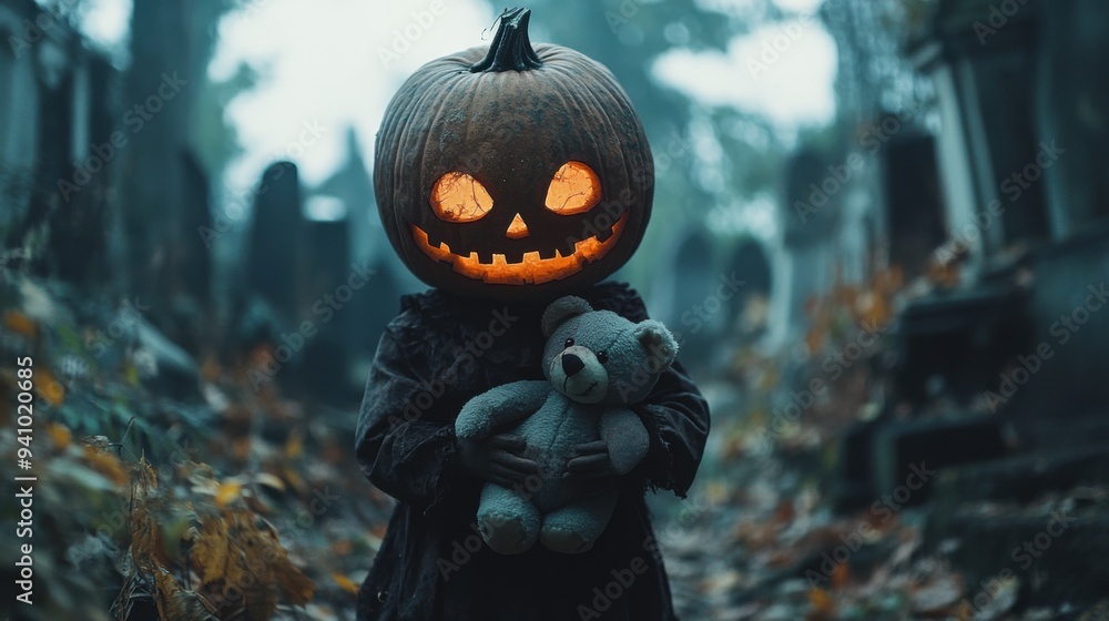 Spooky Halloween Scene: Child with Jack-o-Lantern Head Holding Haunted ...