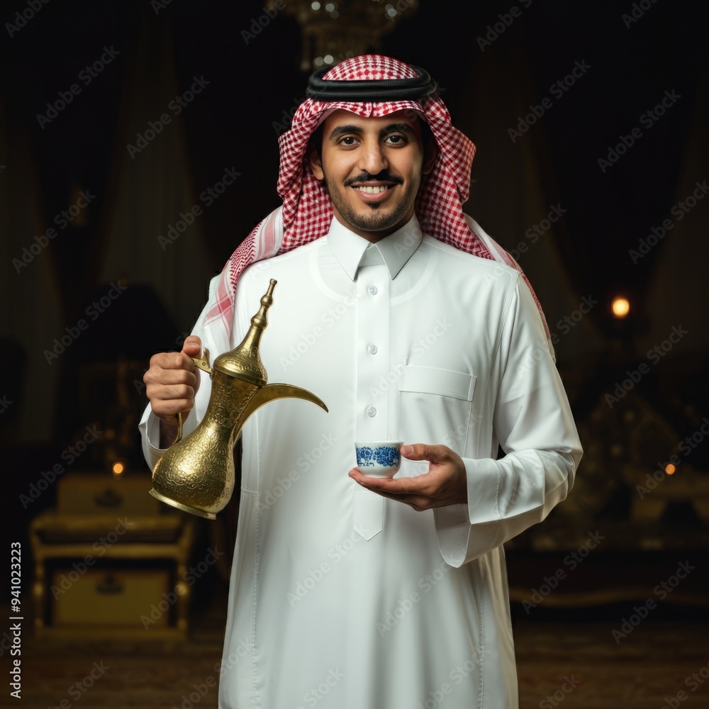 Saudi man holding dallah and pours Arabic coffee to guests in guest ...