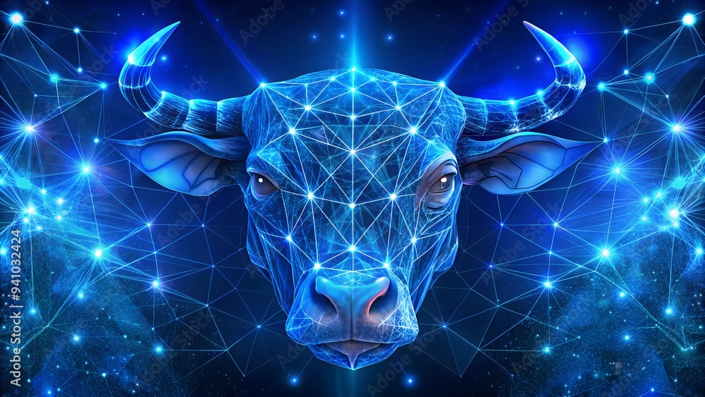 A futuristic digital artwork of a bull's head composed of blue glowing ...