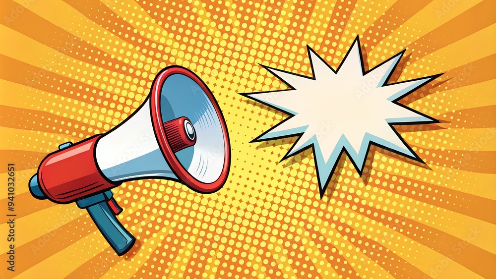 A megaphone announcing a blank speech bubble in a pop art comic style ...