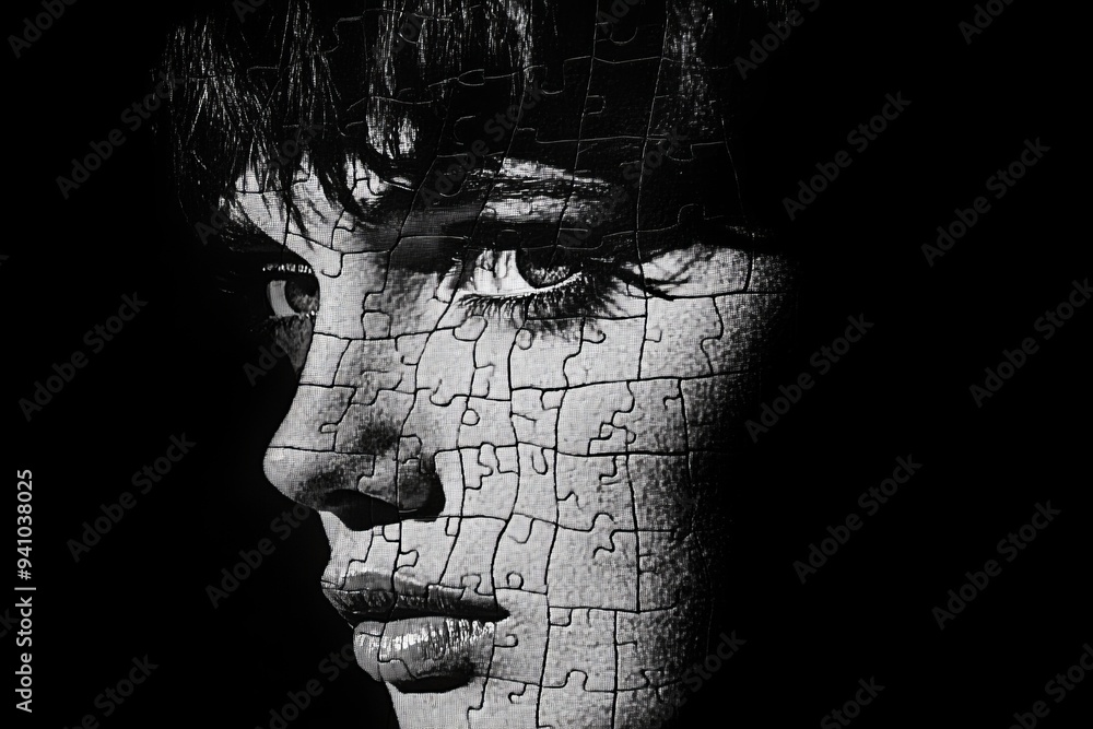 High contrast black and white portrait of a womans face cracking ...