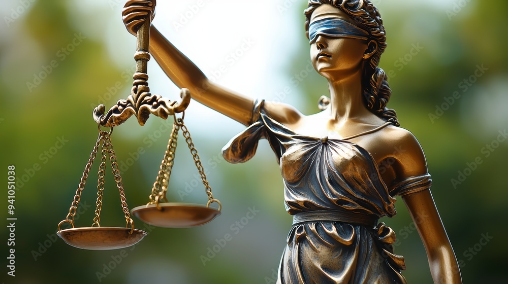The bronze statue of Lady Justice with blindfold and scales symbolizes ...