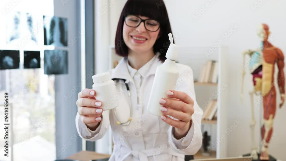 Female doctor holding medication bottles inside clinic. Healthcare ...