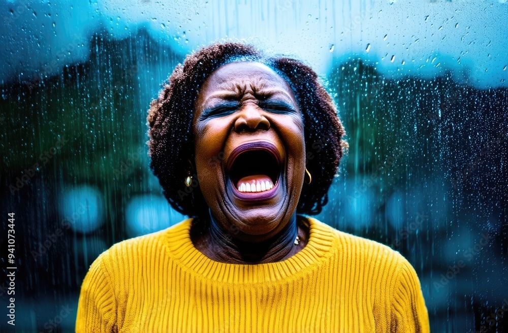 upset senior black woman screaming, crying at street under rain. shock ...