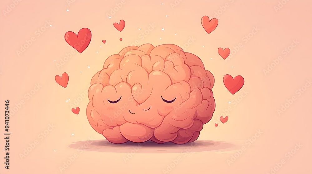 cartoon illustration of human brain meditation pose, red hearts around ...
