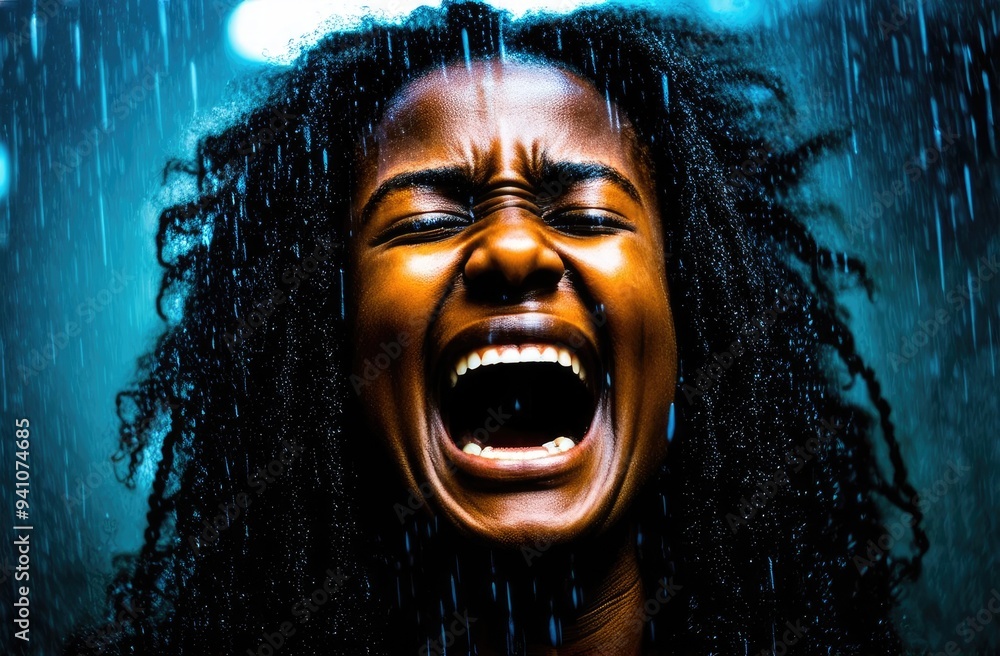 upset black woman screaming, crying at street under rain. shock and ...