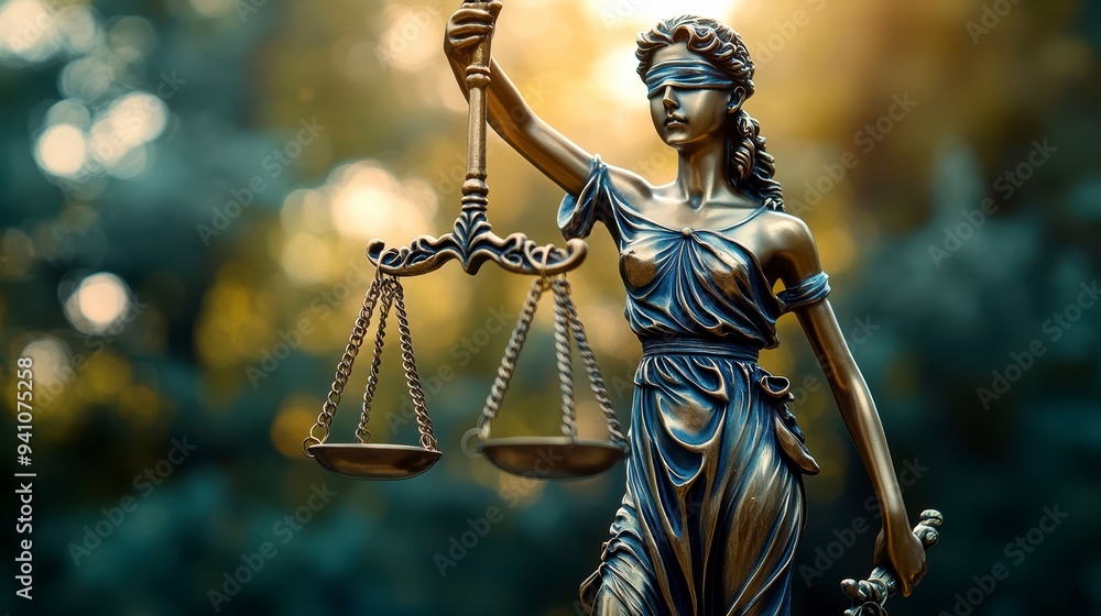 The bronze statue of Lady Justice with blindfold and scales symbolizes ...