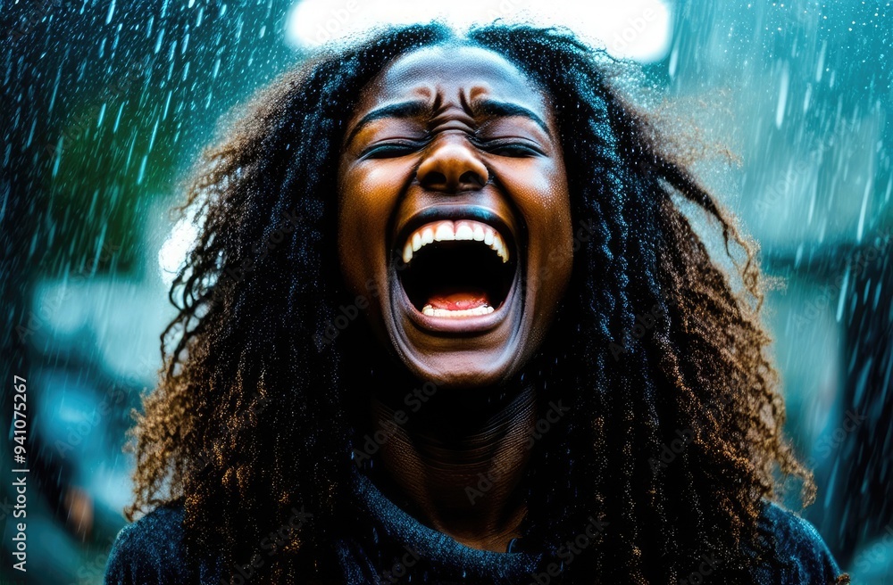 upset black woman screaming, crying at street under rain. shock and ...