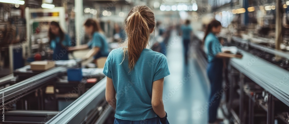 Teenage girls working on a factory assembly line, representing the next ...