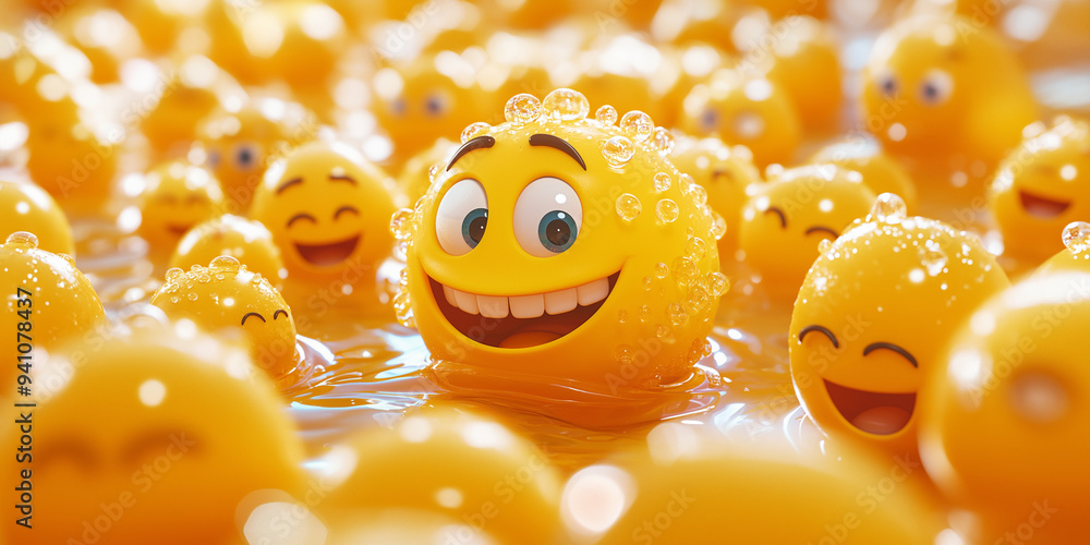 Fröhlicher Hintergrund mit 3D-Icons lachender Smileys. Gelbe, runde ...