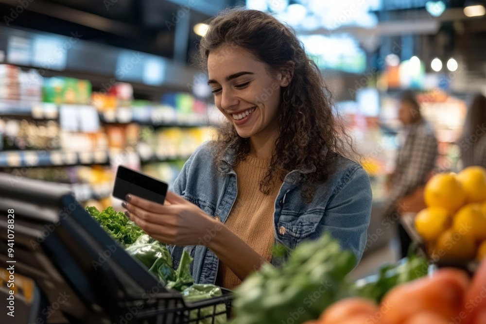 Happy woman swiping her card at the supermarket checkout, seamless ...