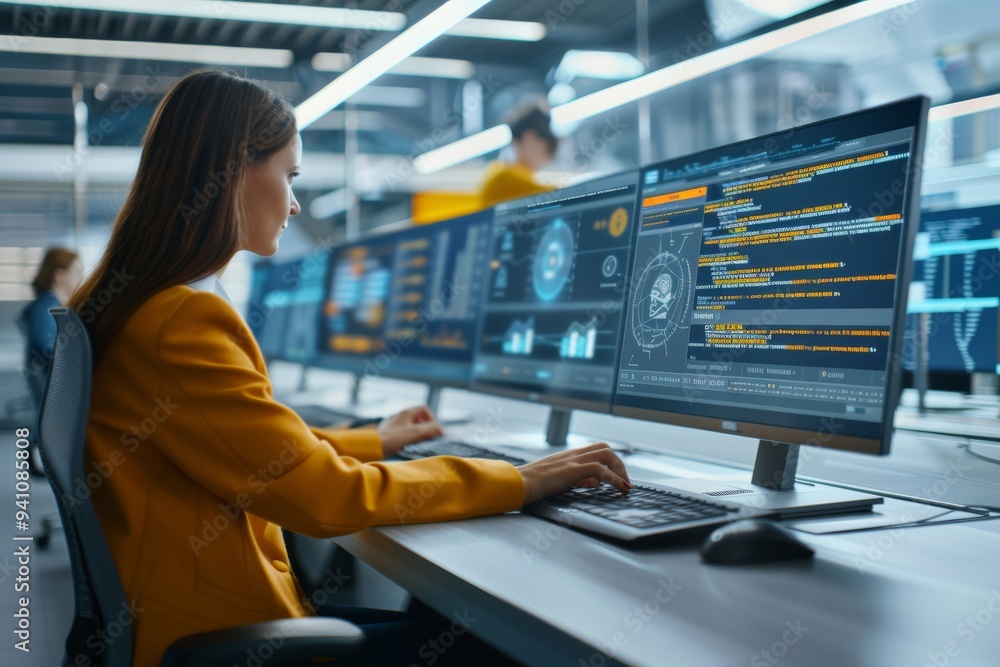 Female Software Developer Working in Control Room with Multiple ...