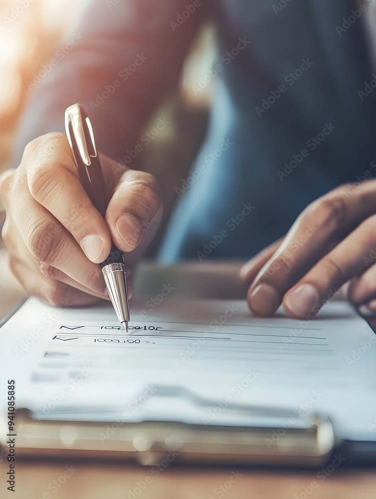 Businessman using pen to tick correct sign mark in checkbox for quality ...