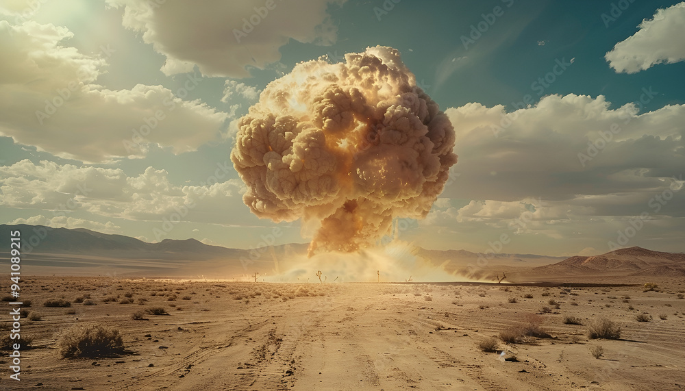 Terrible explosion of a nuclear bomb with a mushroom in the desert ...