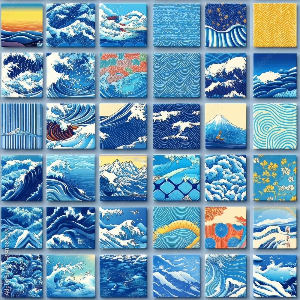 Collection of Japanese Ukiyo-e Style Wave Designs, Seamless Patterns ...