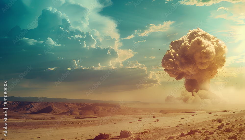 Terrible explosion of a nuclear bomb with a mushroom in the desert ...