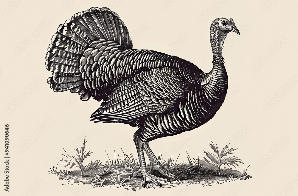 Turkey, sketch. Vintage retro print, turkey sketch ink pencil style ...