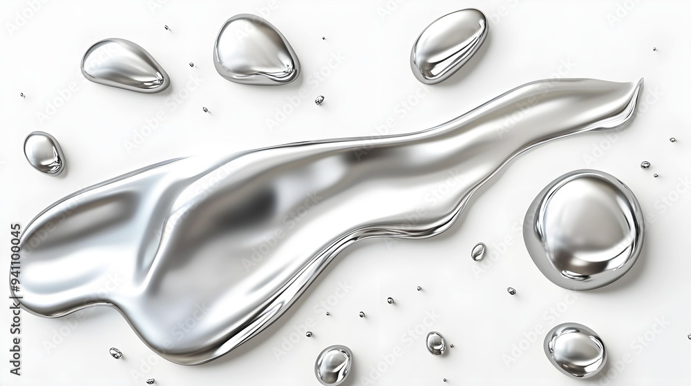 Realistic metal drops are depicted in 3D chrome paint splash, with ...