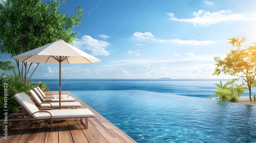 Relaxing by the pool during summer vacation, with a veranda equipped ...