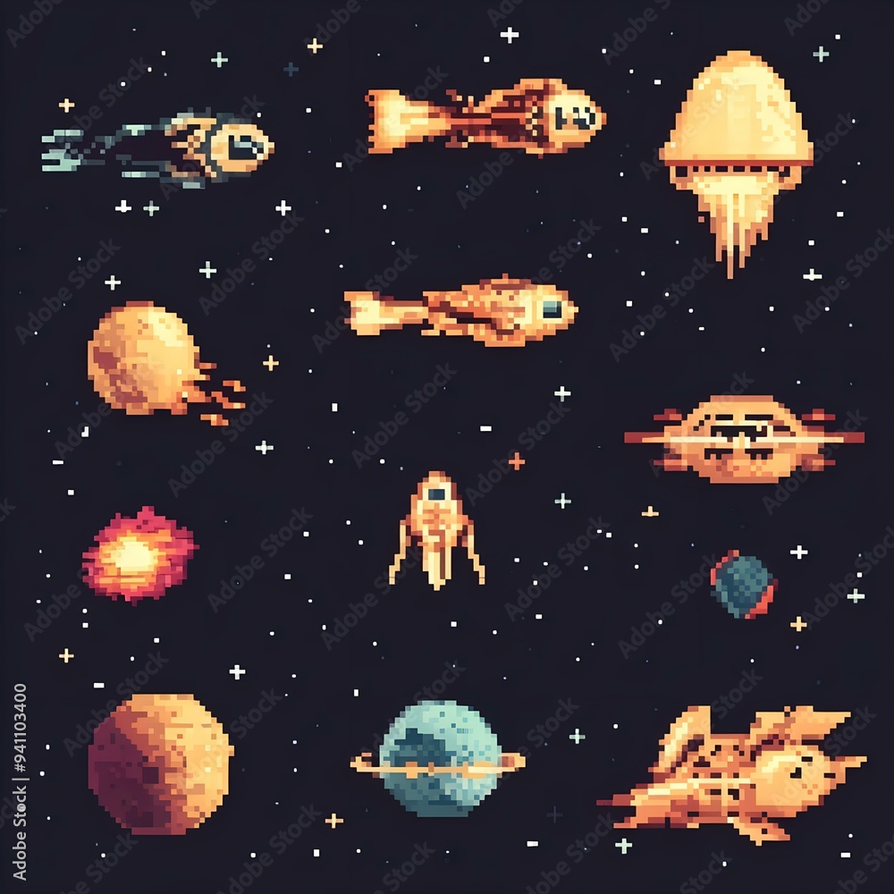 Space Arcade game interface elements with Pixel Art icons, Planets, Ufo aliens, space ships ...