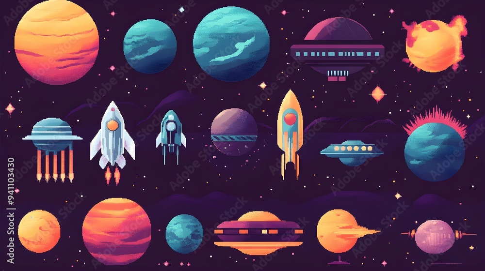 Space Arcade game interface elements with Pixel Art icons, Planets, Ufo aliens, space ships ...