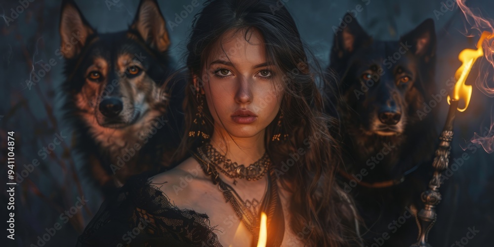 Under the glow of a flickering flame, Hecate stands poised, embodying ...