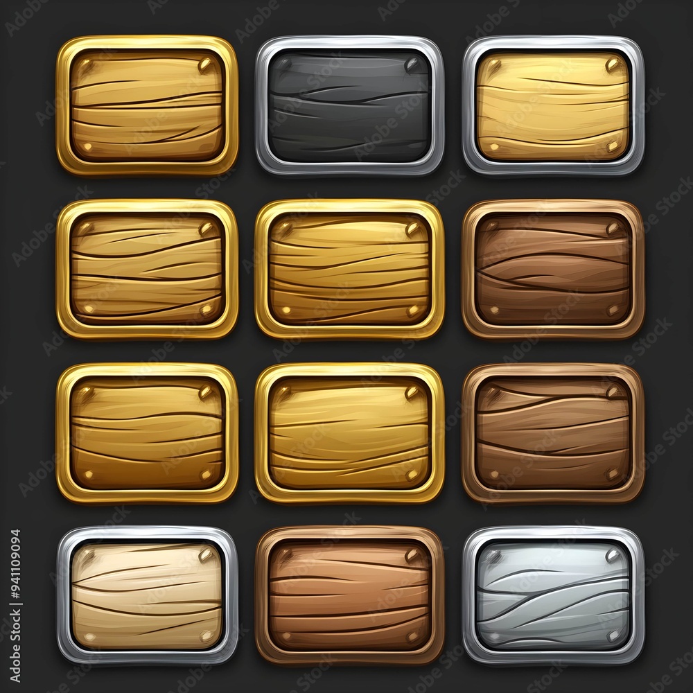 Wooden buttons framed with gold and silver for game UI design ...