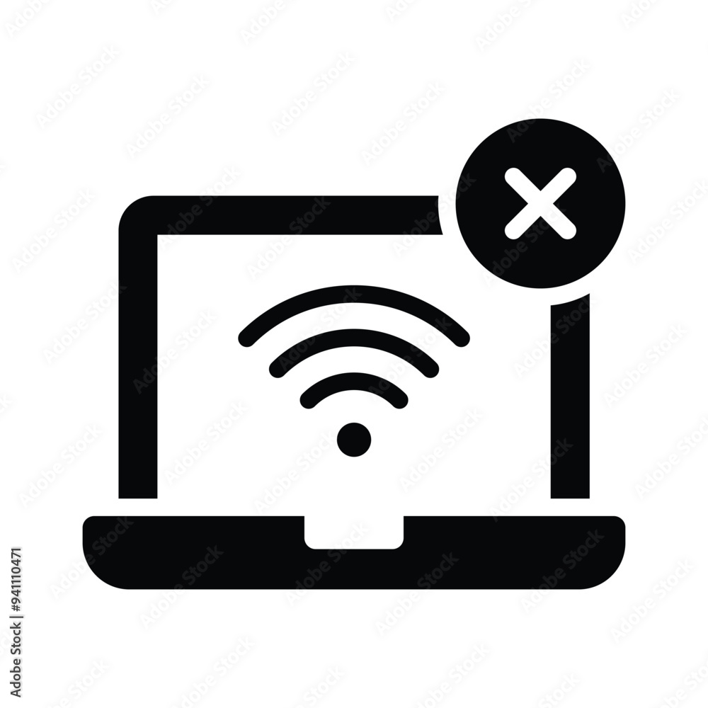 Laptop with internet signals and cross sign denoting concept icon of no ...
