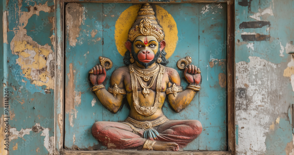 Traditional Depiction of Lord Hanuman in Meditative Pose on a Weathered ...