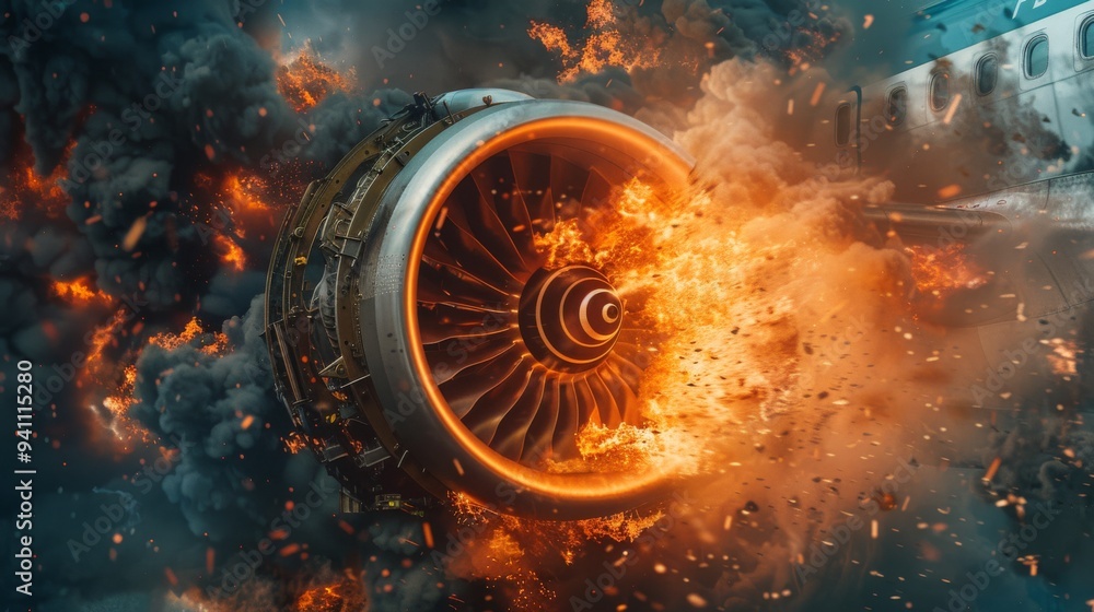 A jet engine mid-explosion with bright flames and thick black smoke ...