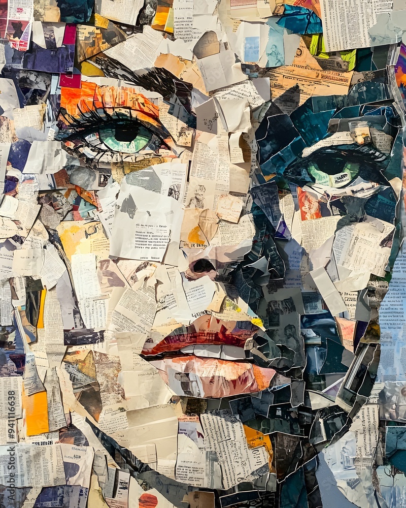 a human face, partially obscured and composed of torn and layered ...
