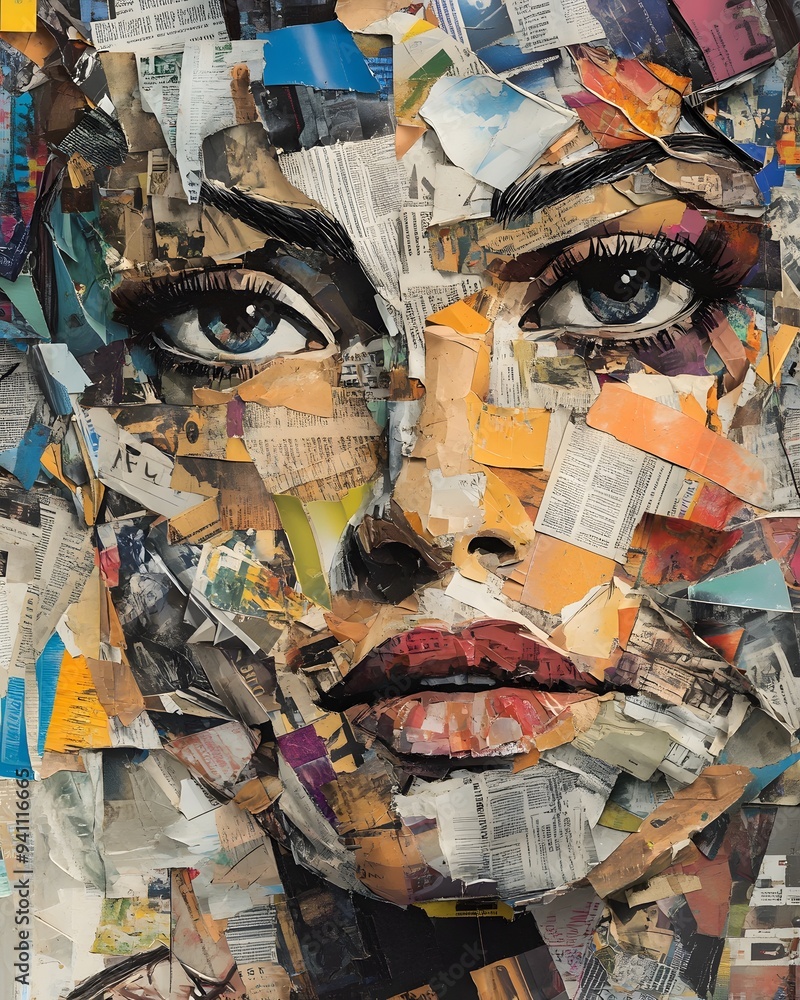 a human face, partially obscured and composed of torn and layered ...