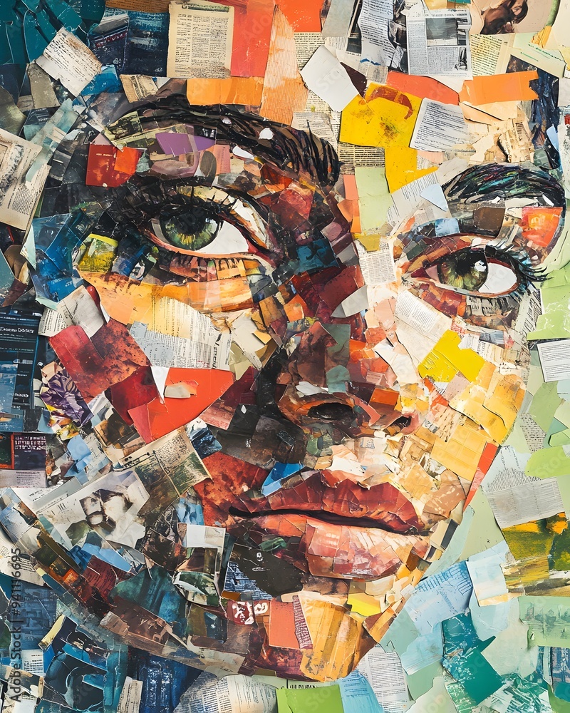 a human face, partially obscured and composed of torn and layered ...