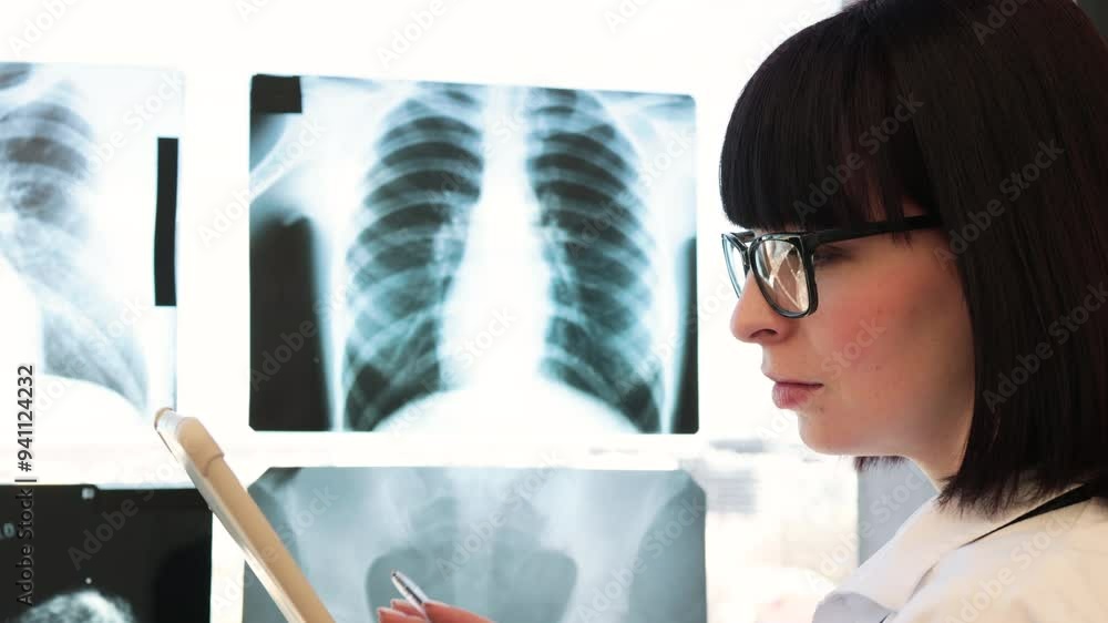 Doctor examining chest x-rays and mammograms in hospital setting ...