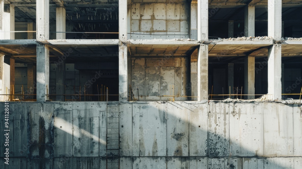 An incomplete building shows rough concrete structures with exposed ...