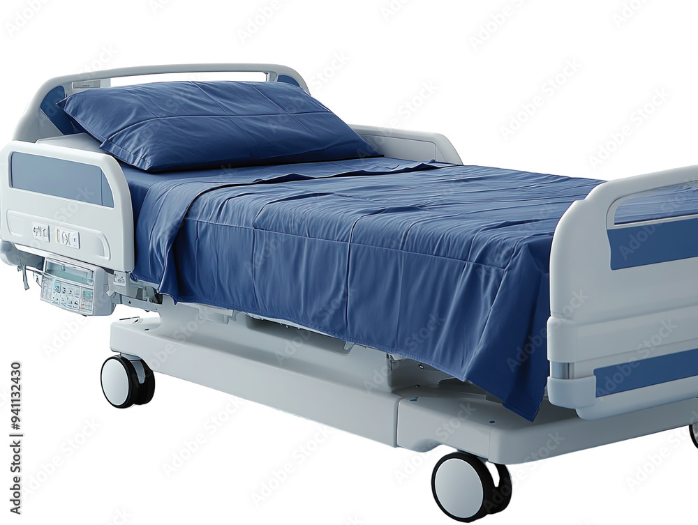 Modern hospital bed with blue sheets and medical equipment, isolated on ...