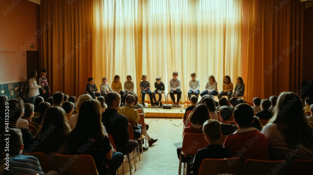 Young students sit on a stage under a warm yellow curtain, performing ...