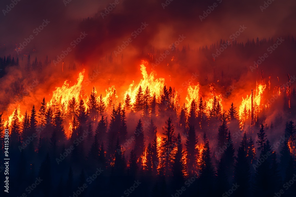 Forest Fire Inferno: A dramatic image of a raging wildfire engulfing a forest, with towering ...