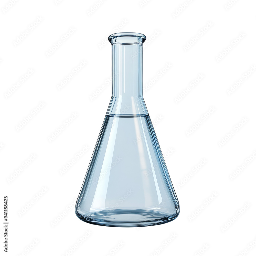Transparent glass Erlenmeyer flask with a small amount of liquid ...