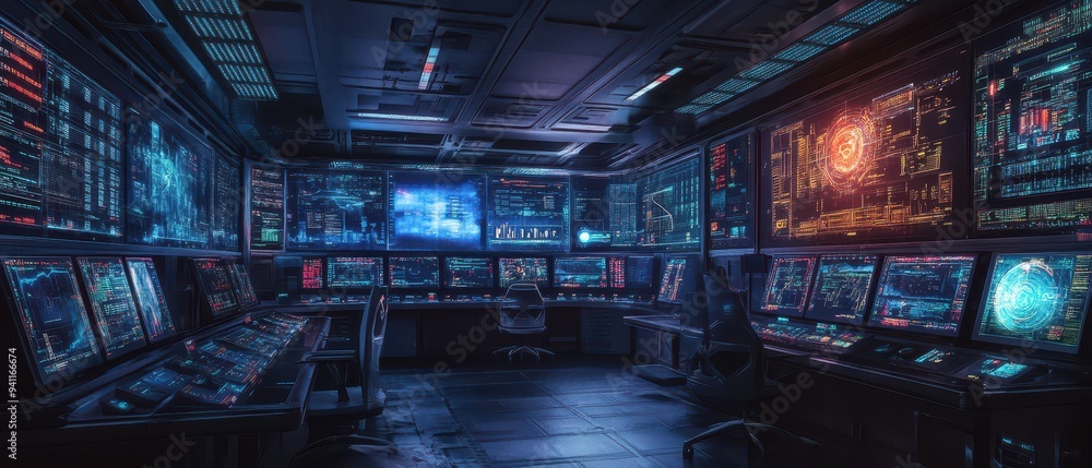 Futuristic Control Room with Multiple Screens Displaying Data and Code ...