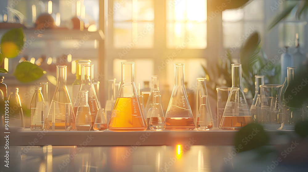 A table with bottles of alcohol, Scientific equipment and glassware on ...
