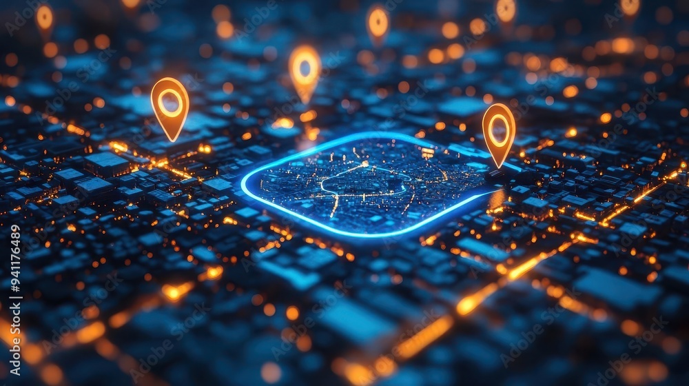 futuristic 3d holographic map projection with glowing location markers ...