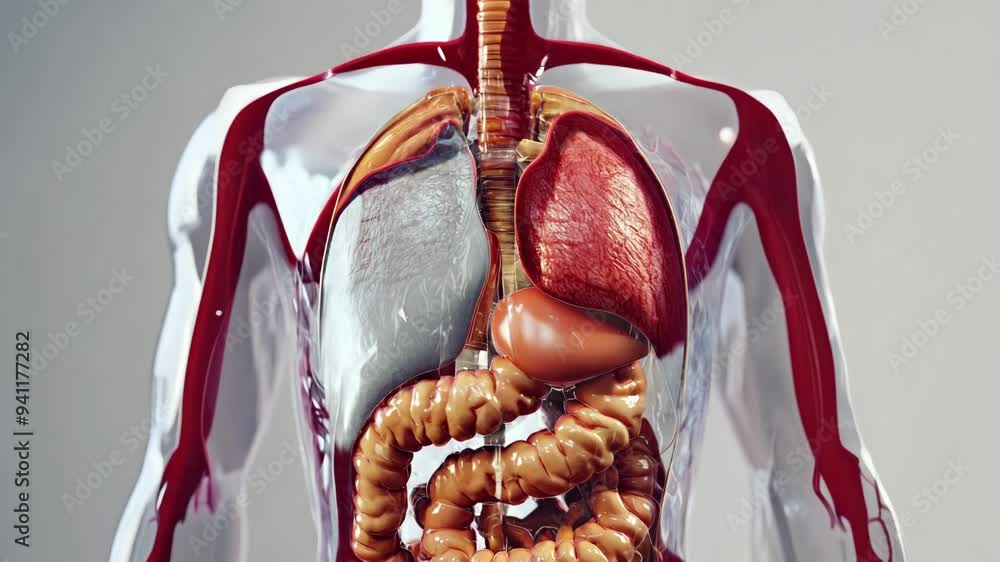Medical rendering of a human body with internal organs visible, showing ...