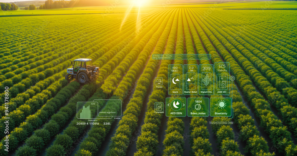 Smart Farming in Action: Tractor Works a Field at Sunset, Monitored by ...