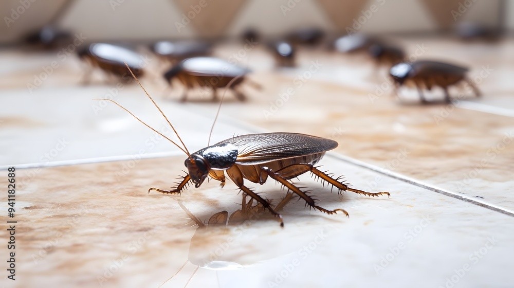 Cockroaches on the bathroom floor, captured in a detailed and realistic ...