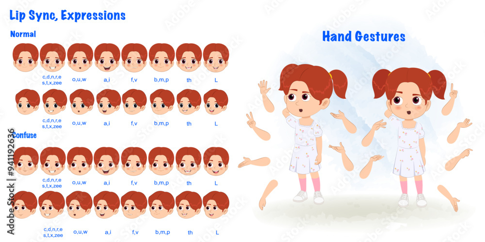 A cute little confuse girl cartoon character creation set with lip sync ...