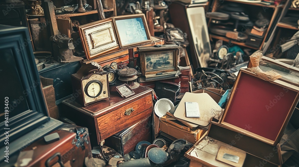 Old antiques and retro collectibles memorabilia dumped in a huge pile ...