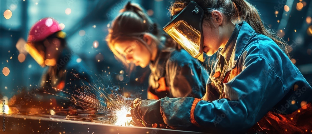 Empowered girls welding metal in a factory, challenging gender ...