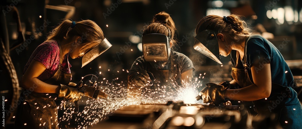 Empowered girls welding metal in a factory, challenging gender ...