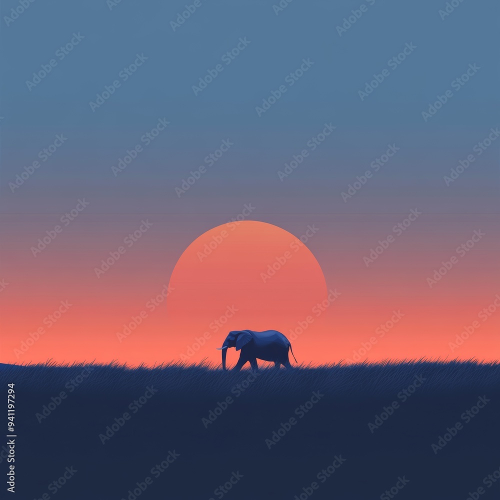 8. **Elephant walking through a savanna under a gradient sky ...